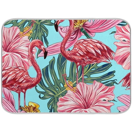 Dish Drying Mats Pink Flamingo And Tropical Flowers On Blue Kitchen ...
