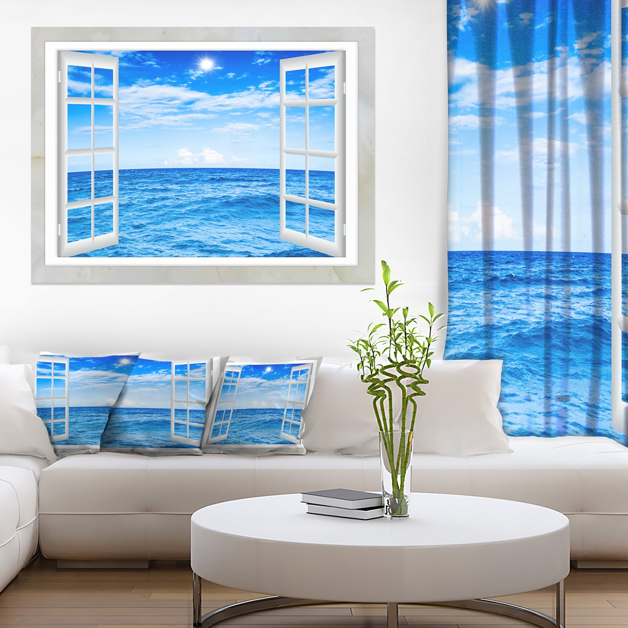 Click here for Designart Window Open To Blue Wavy Ocean 40x20 In prices