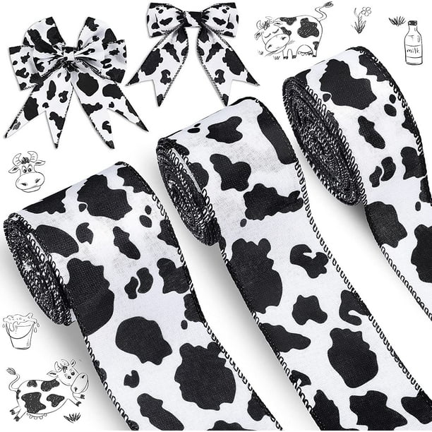 3 Rolls 5 Meters Cow Print Ribbons Wired Edge Black White Burlap Craft ...