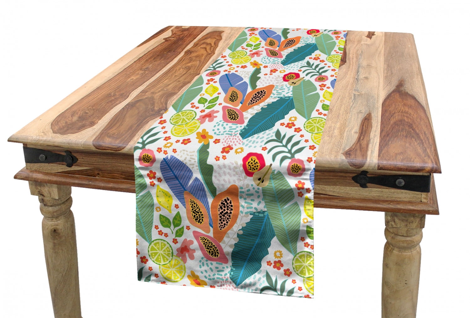 Exotic Table Runner, Colorful Botanical Flowers and Organic Fruits ...