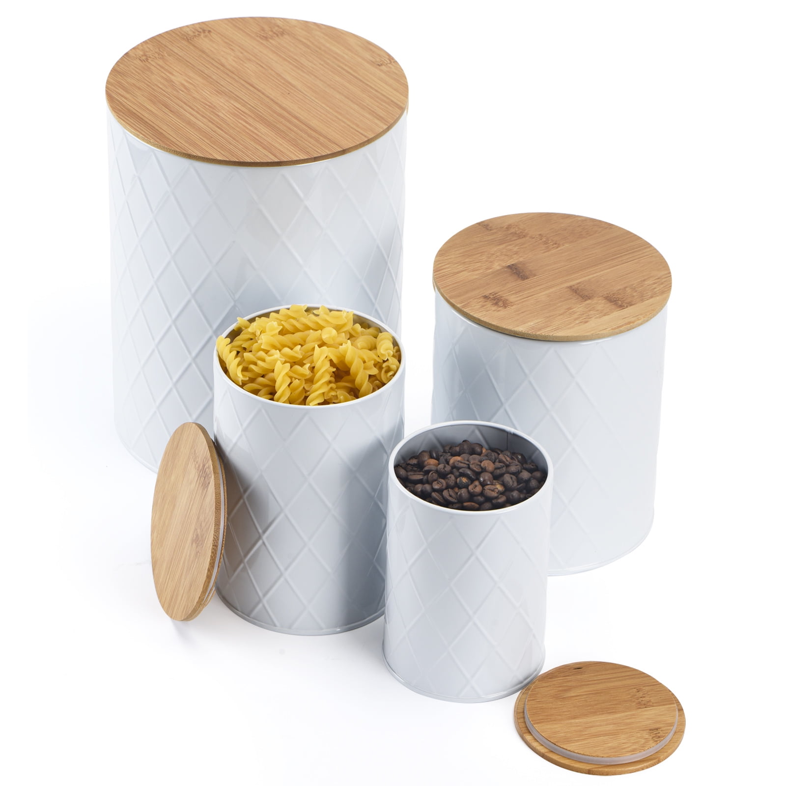 White Kitchen Canisters Set with Wooden Lids, Airtight Sugar, Flour ...