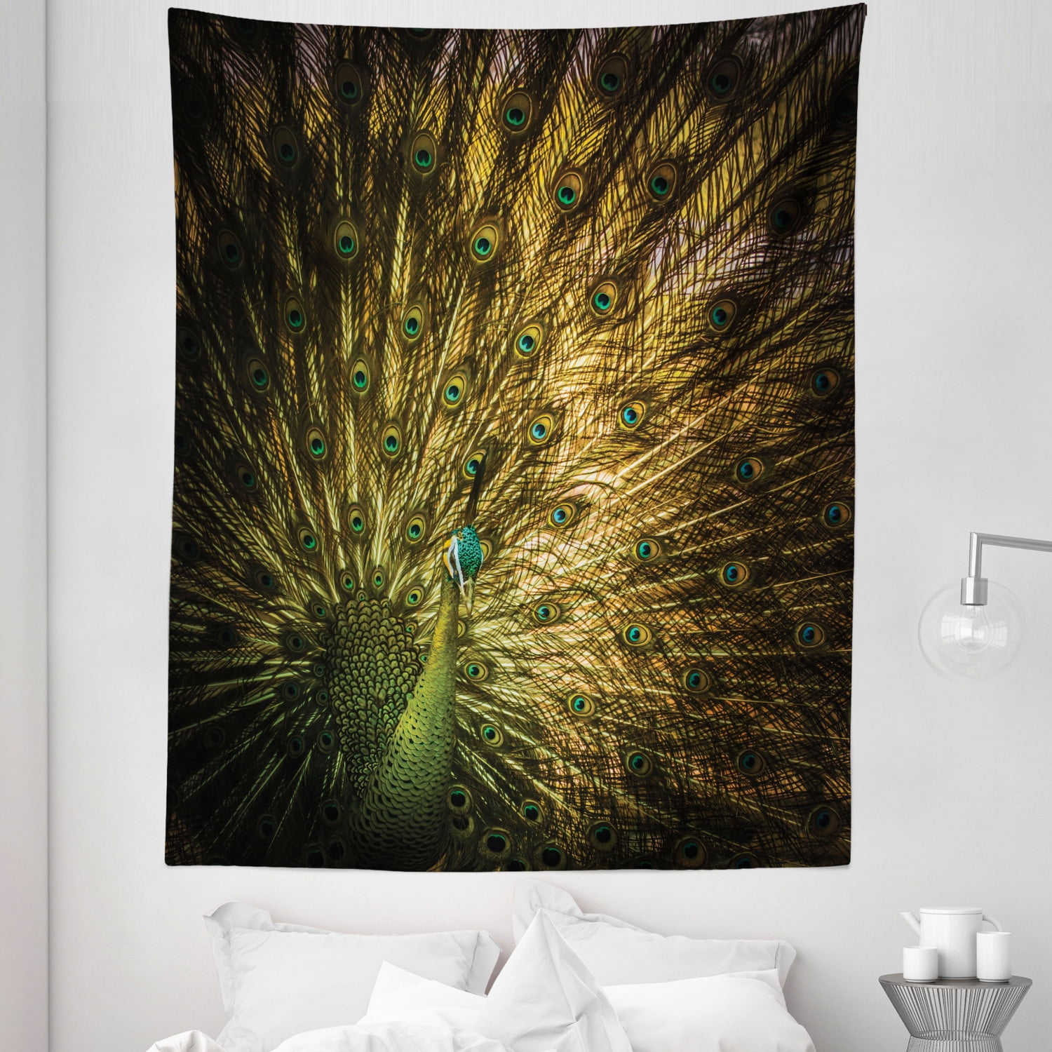 Peacock Tapestry, Portrait of Male Bird Feathers out Picture in Dark ...