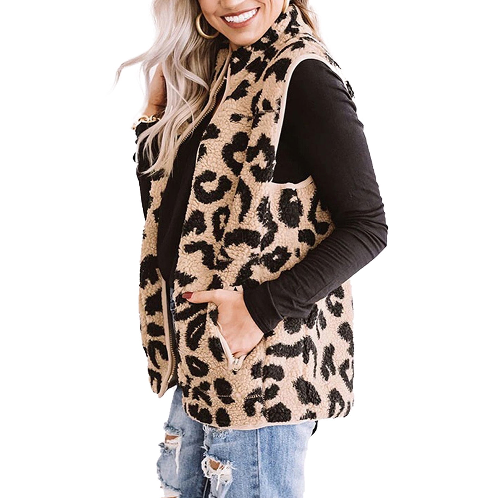 Women Fuzzy Sherpa Fleece Vest, Lightweight Leopard Print Sleeveless ...