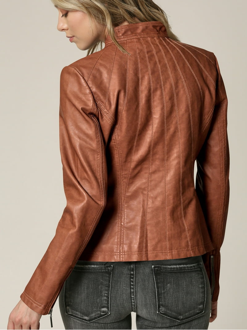 Made by Johnny Women's Faux Leather Moto Biker Jacket, Panelled
