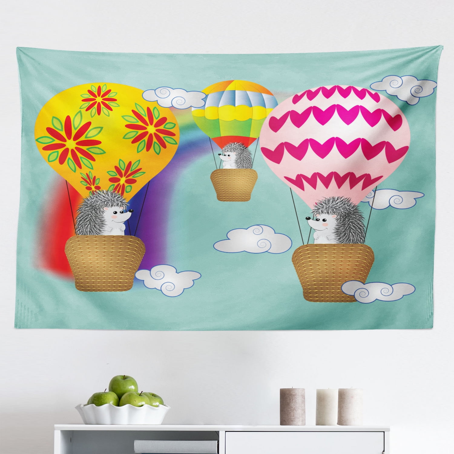 Hedgehog Tapestry, Watercolor Effect Hedgehogs Smiling on Monochrome ...