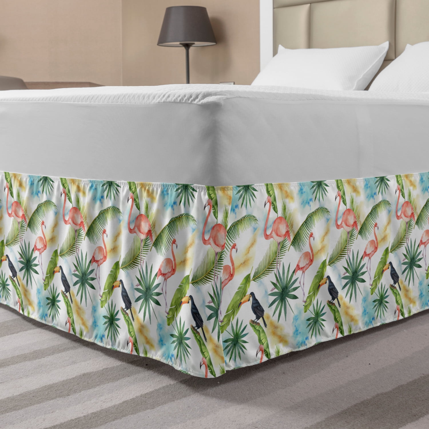 Hawaiian Bed Skirt, Watercolor Tropical Pattern with Toucan Parrots ...