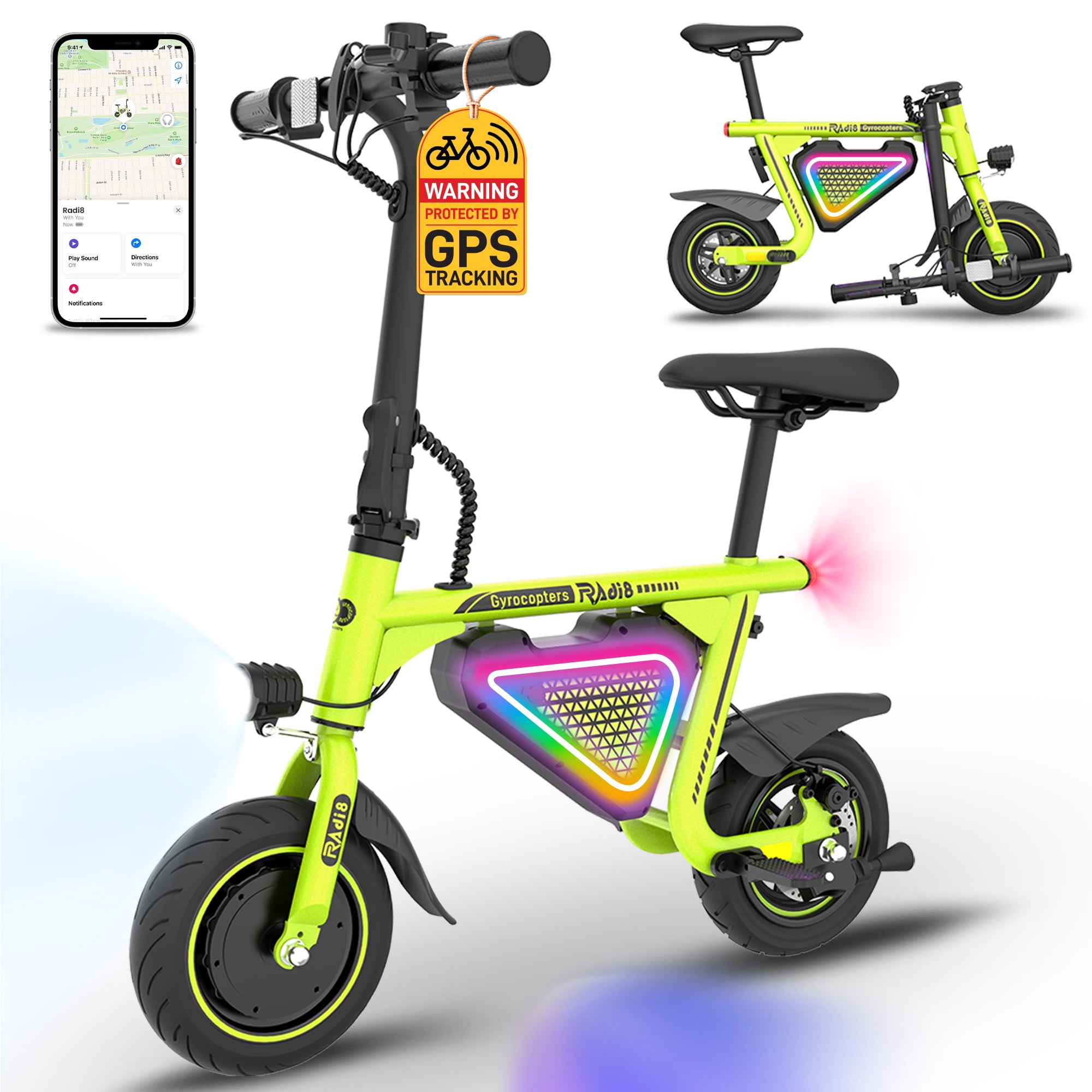 Gyrocopters Radi8 Electric Ride-on UL 2272 approved 25 km Range 25 km/h Speed Rear Disc Brakes LED Lights LCD Display Anti-theft GPS.