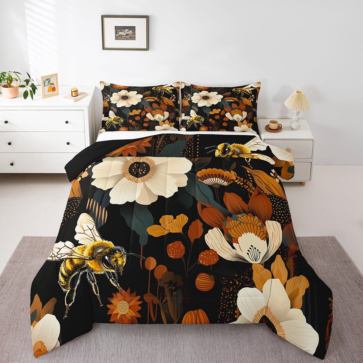 YST Hippie Floral Queen Comforter Set Cartoon Bee Bedding Set, Wild ...