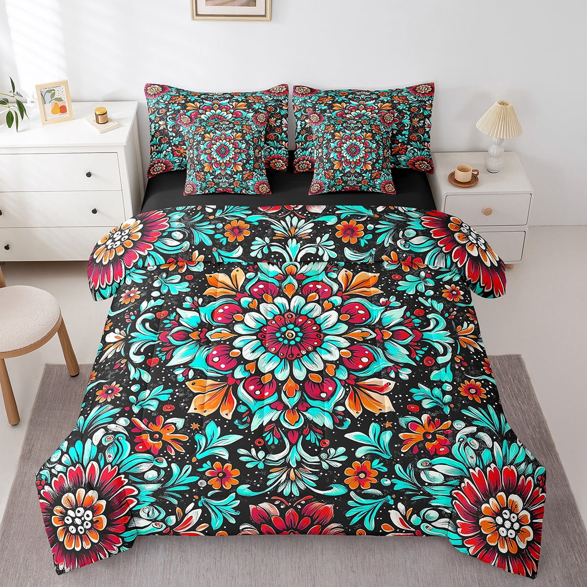 7 Piece Turquoise Floral Bedding Set Twin Comforter Set,Vintage Baroque ...