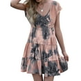 Nlife Women Tie Dyed Print V Neck Short Sleeve Ruffled Hem Pleated Mini