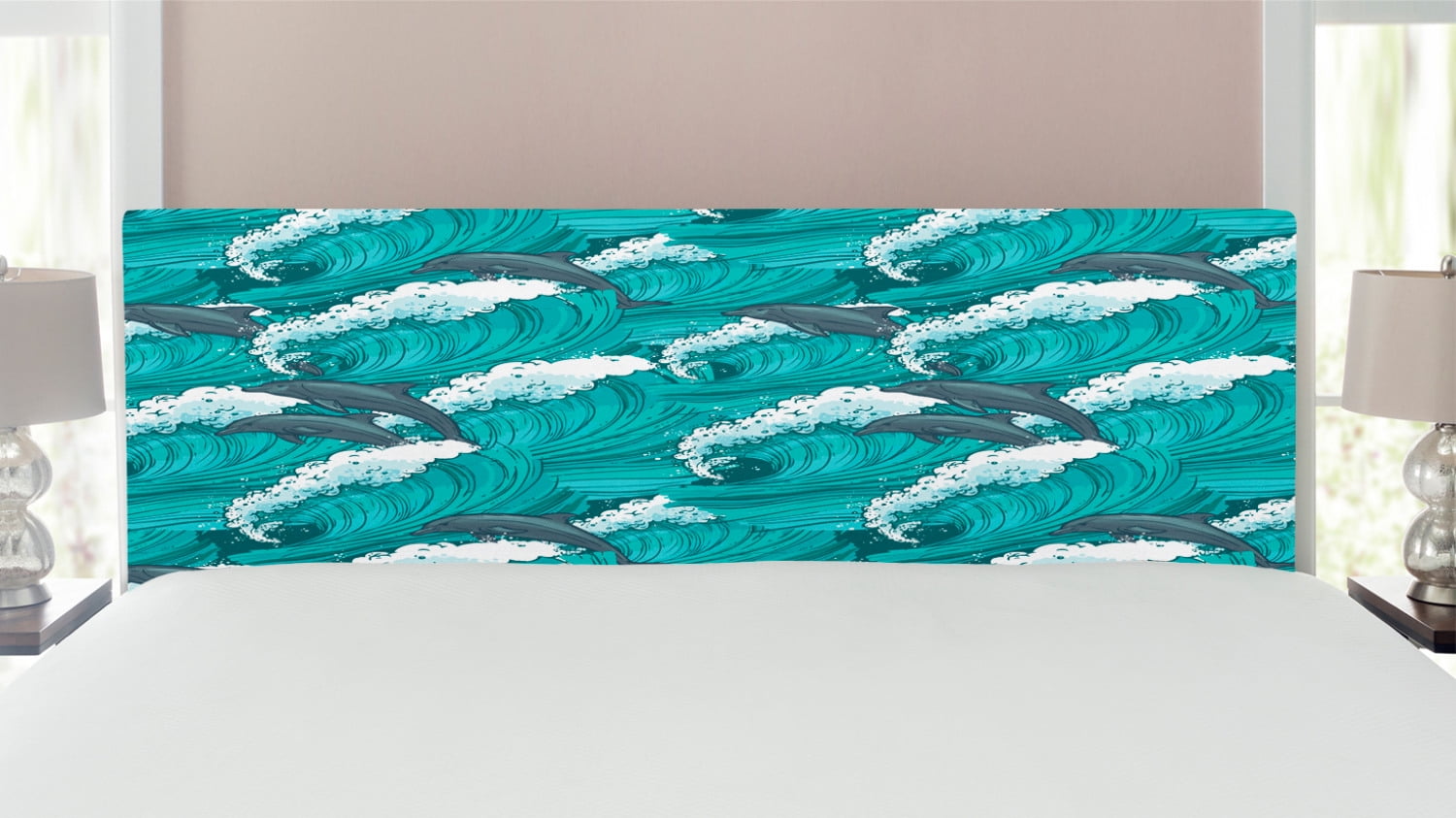 Sea Animals Headboard, Wavy Ocean with Dolphins Windy Surfing Doodle ...