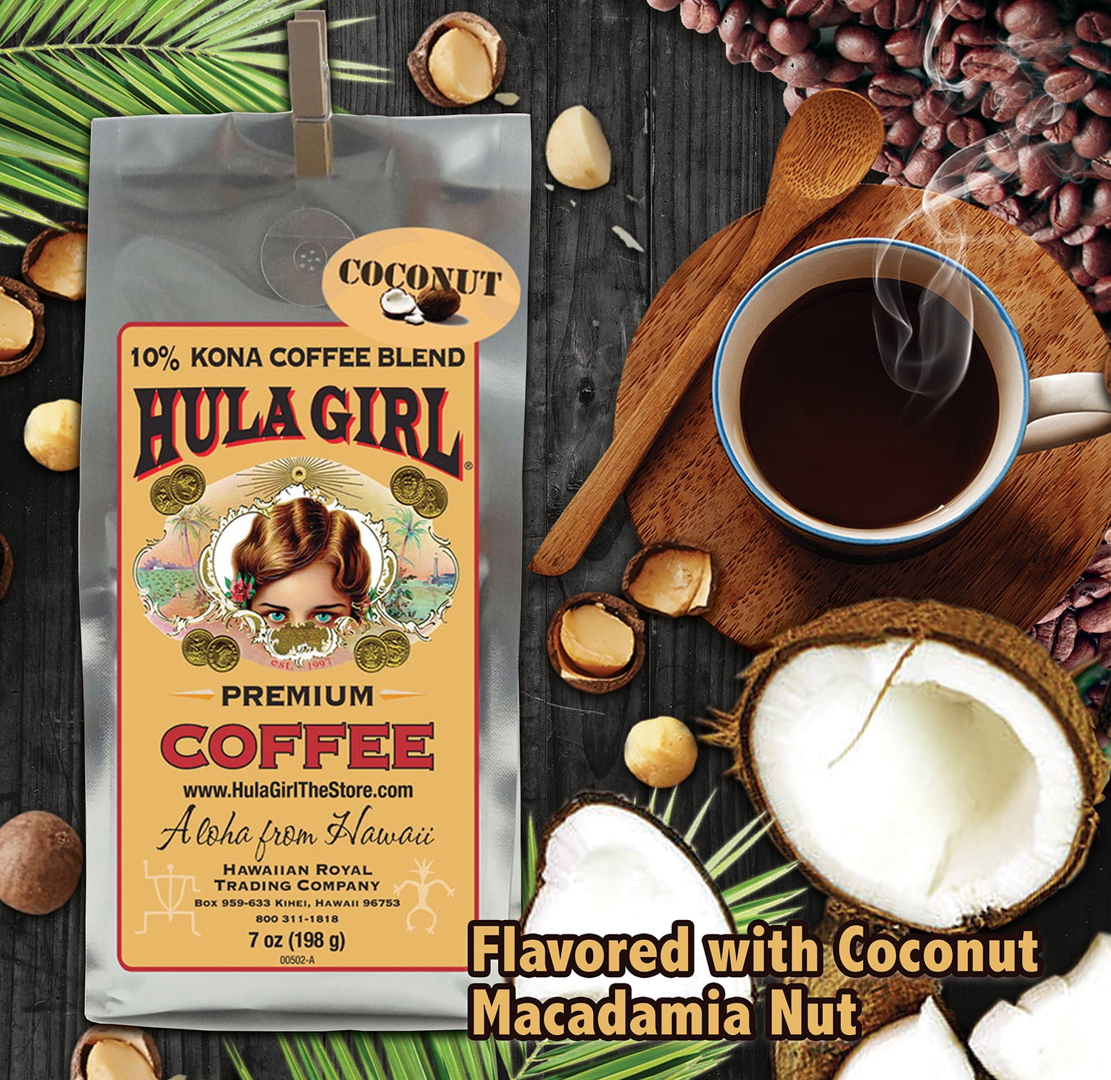 Hula Girl 10% Kona Coffee Blend Coconut Macadamia Nut 7oz - Walmart.com