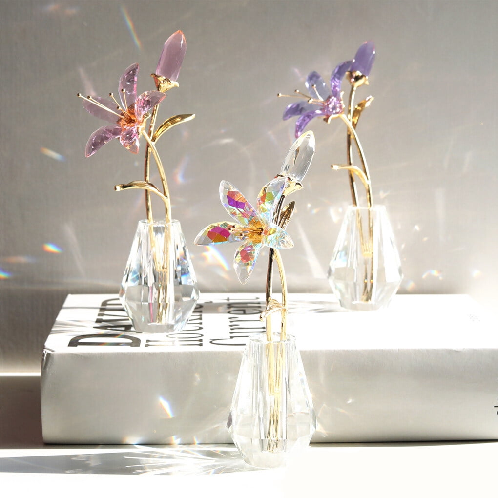 Crystal Flower Figurine with Silver Metal Stem Ornaments Gift Portable Crystal Ornament Glass Vase Desktop Handmade Lucky Bouquets Party Mother Day