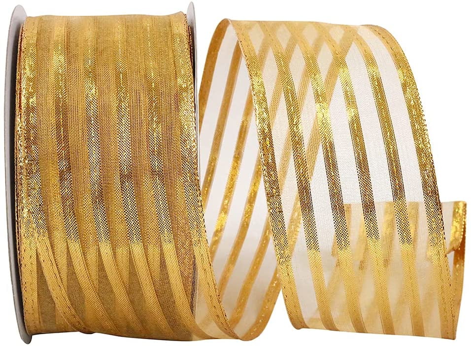 Metallic Gold Striped Christmas Ribbon - 2 1/2" x 10 Yards, Wired Edge ...