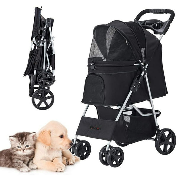 Pet Stroller 4 Wheel with Storage Basket and Cup Holder Foldable ...