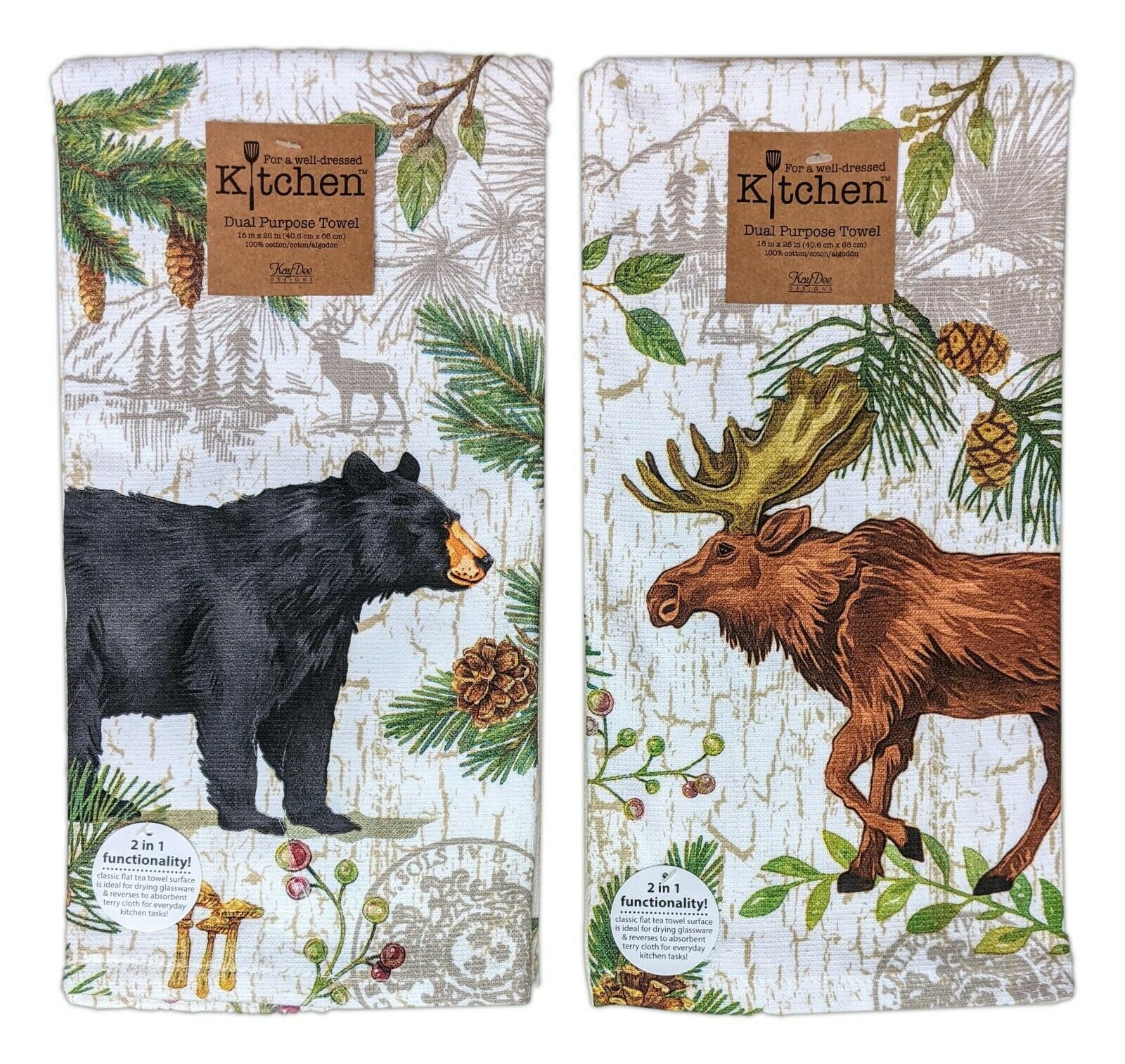 Set of 2 Pinecone Trails MOOSE & BEAR Terry Kitchen Towels by Kay Dee ...