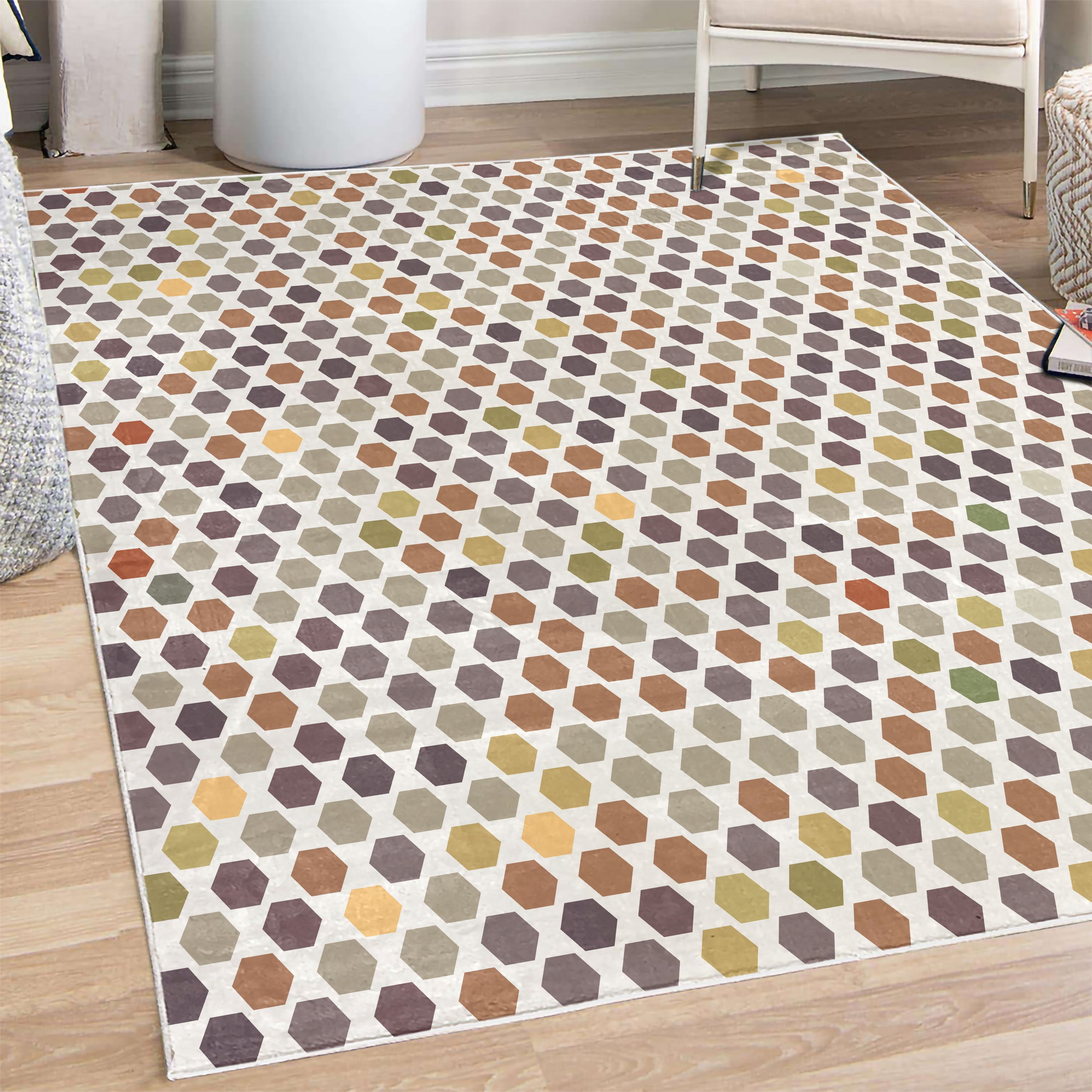 Geometric Decorative Rug, Abstract ZigZag Hexagon Vivid and Dark Color ...