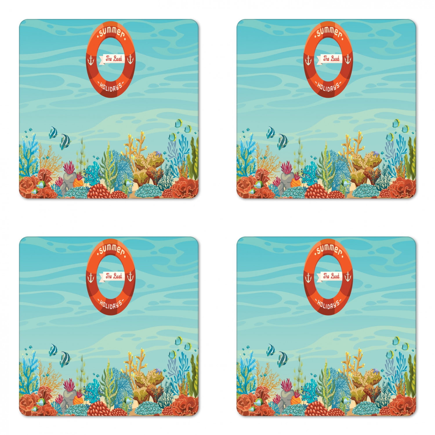Marine Coaster Set of 4, Lifebuoy over Coral Reef Sea Tropical Ocean ...