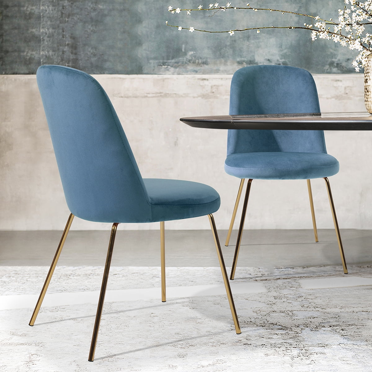 Modern Upholstered Dining Chair Set of 2 with Gold Legs - Blue ...