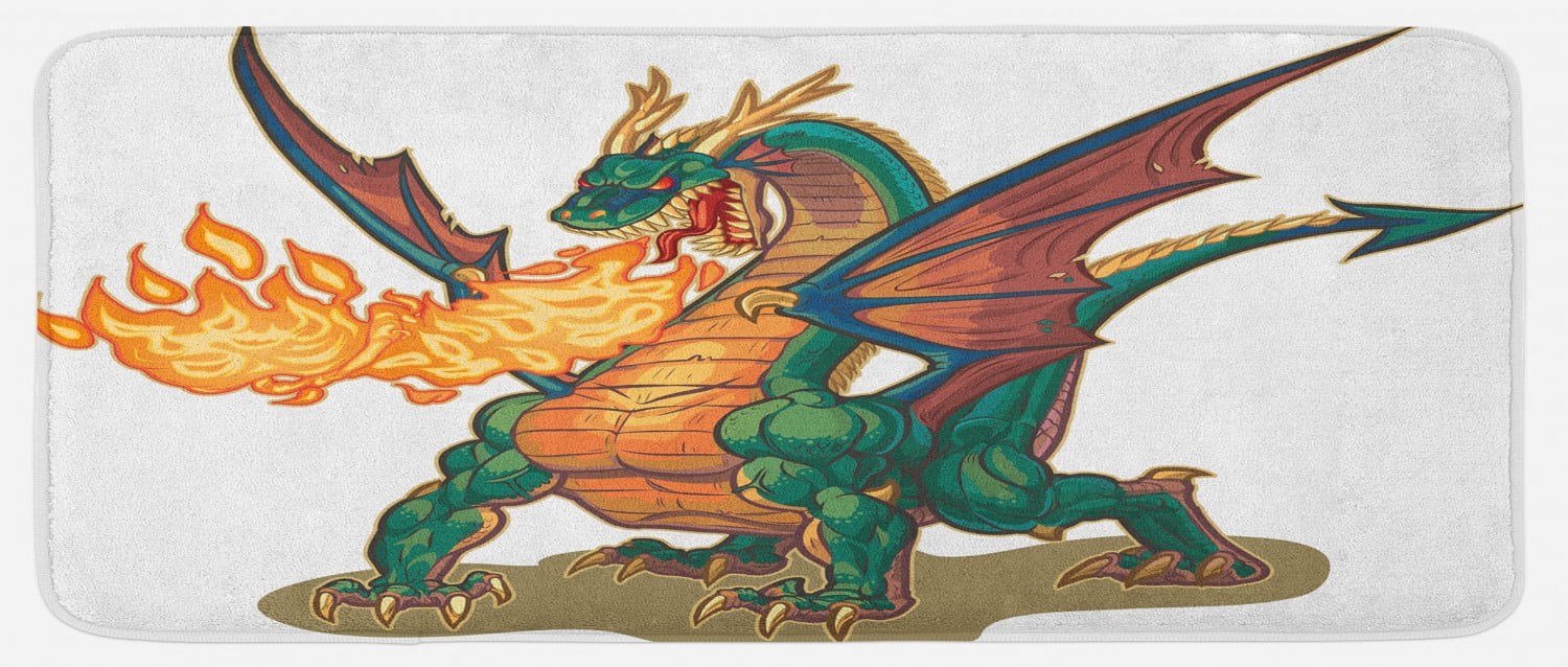 Dragon Kitchen Mat, Mythical Spitting Monster Dreamy Mascot Reptilian ...