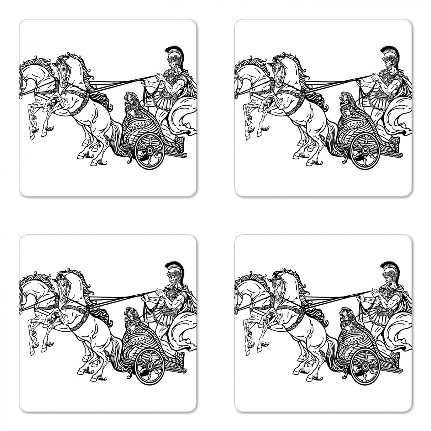 Retro Coaster Set of 4, Roman Warrior in a Chariot Pulled by 2 Horses ...