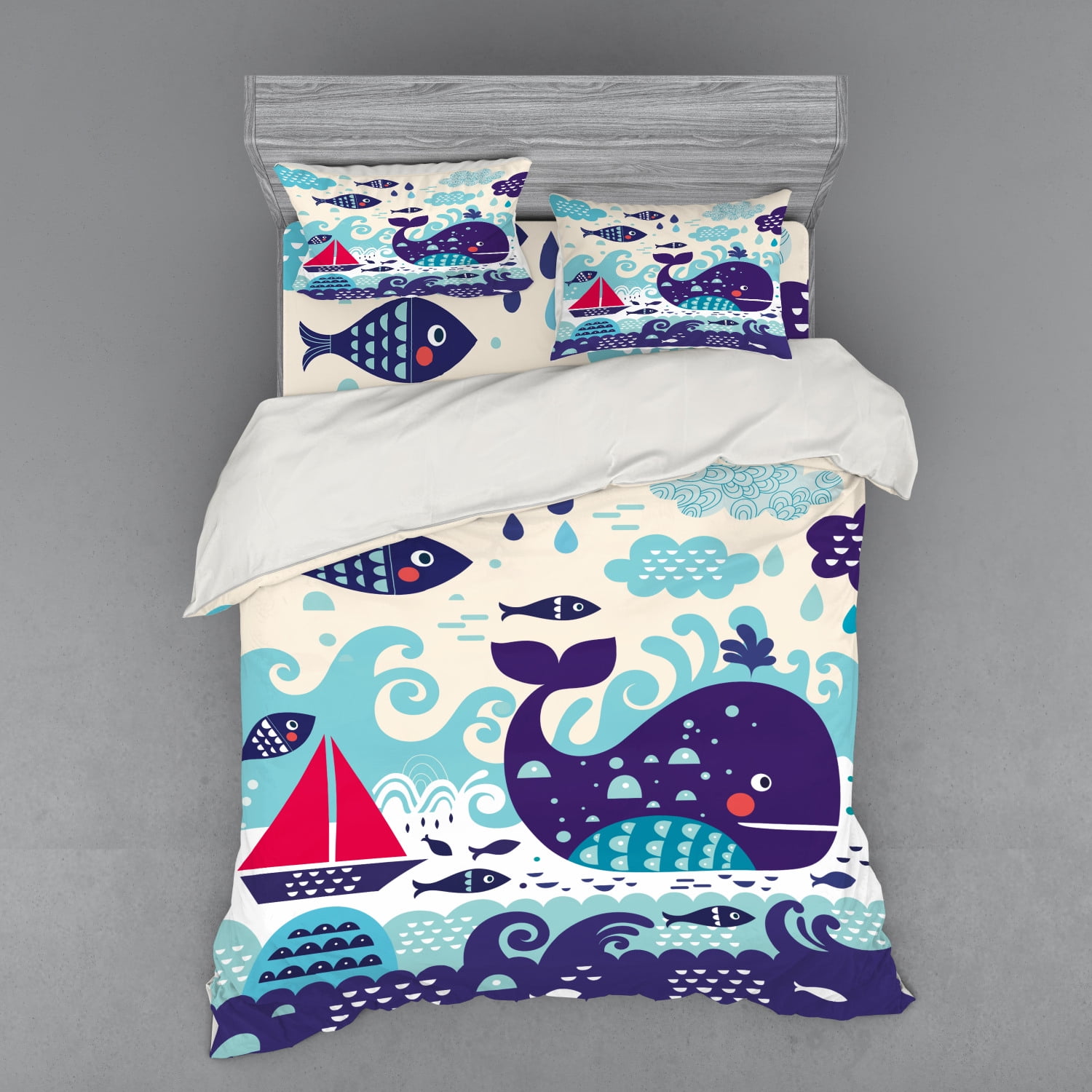 Ambesonne Cartoon Bedding Set 4 Pcs, Whale an Fishes, Queen, Purple ...