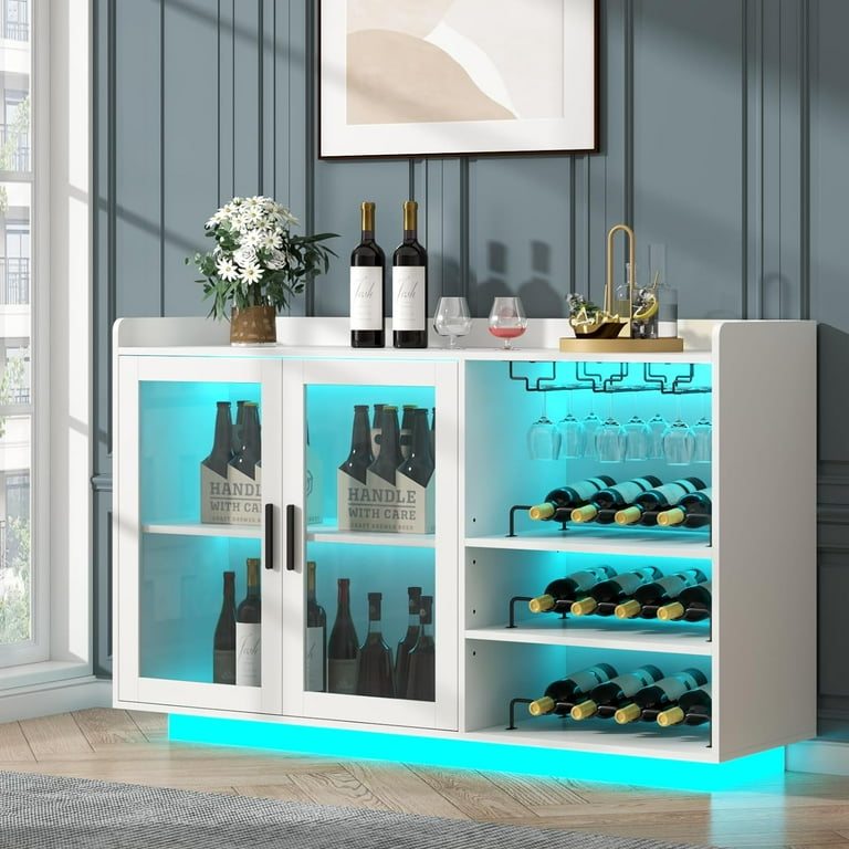 Wine Bar Cabinet with LED Lights Floating Coffee Bar with Glass Rack and Removable Wine Racks Modern Buffet Sideboard with Storage Shelves Kithchen