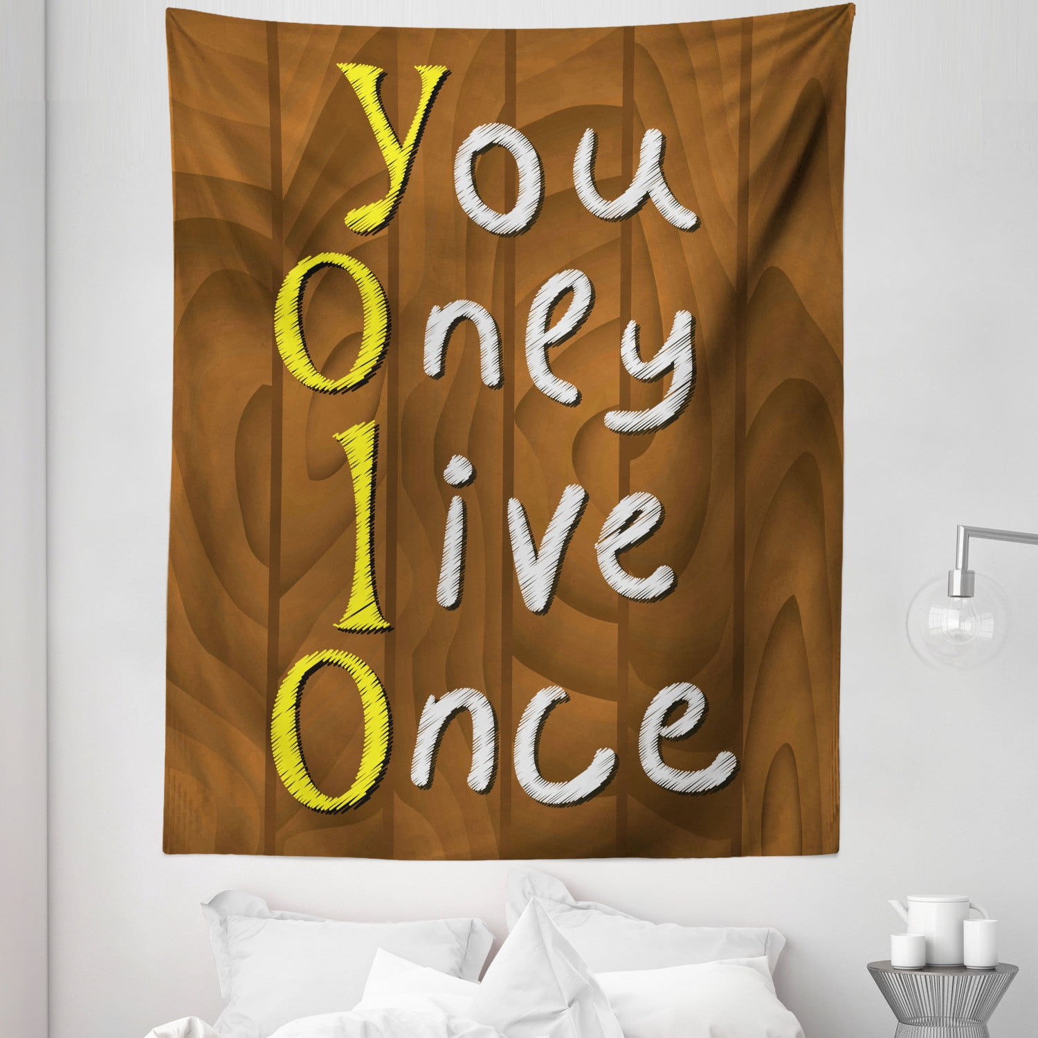 YOLO Tapestry, Cartoon Style Wooden Rustic Background with Meaningful ...