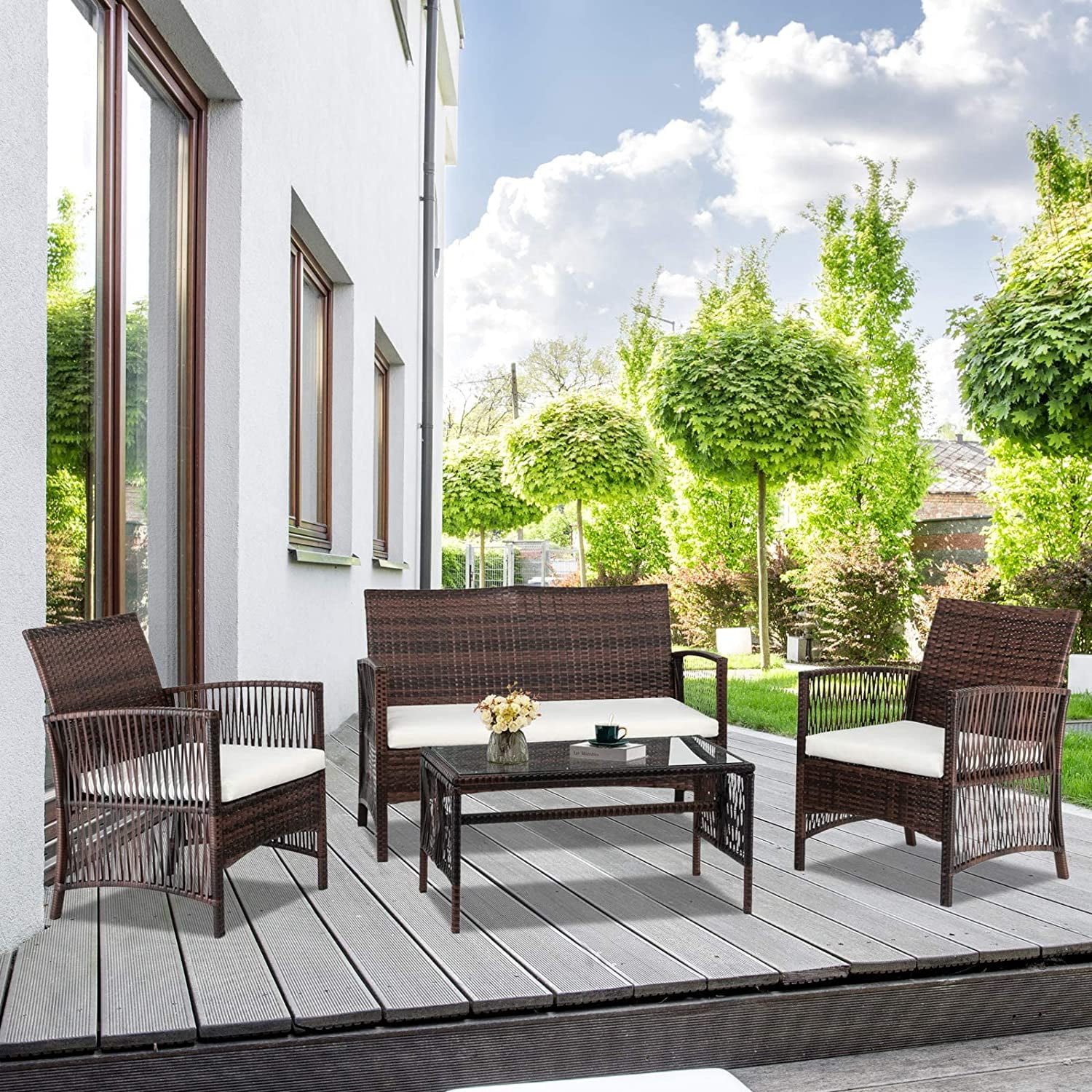 4 Pieces Patio Furniture Set Wicker Outdoor Conversation Set, Front ...