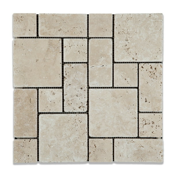 Swatch Sample -Ivory Travertine 3-Pieced Mini-Pattern Tumbled Mosaic ...
