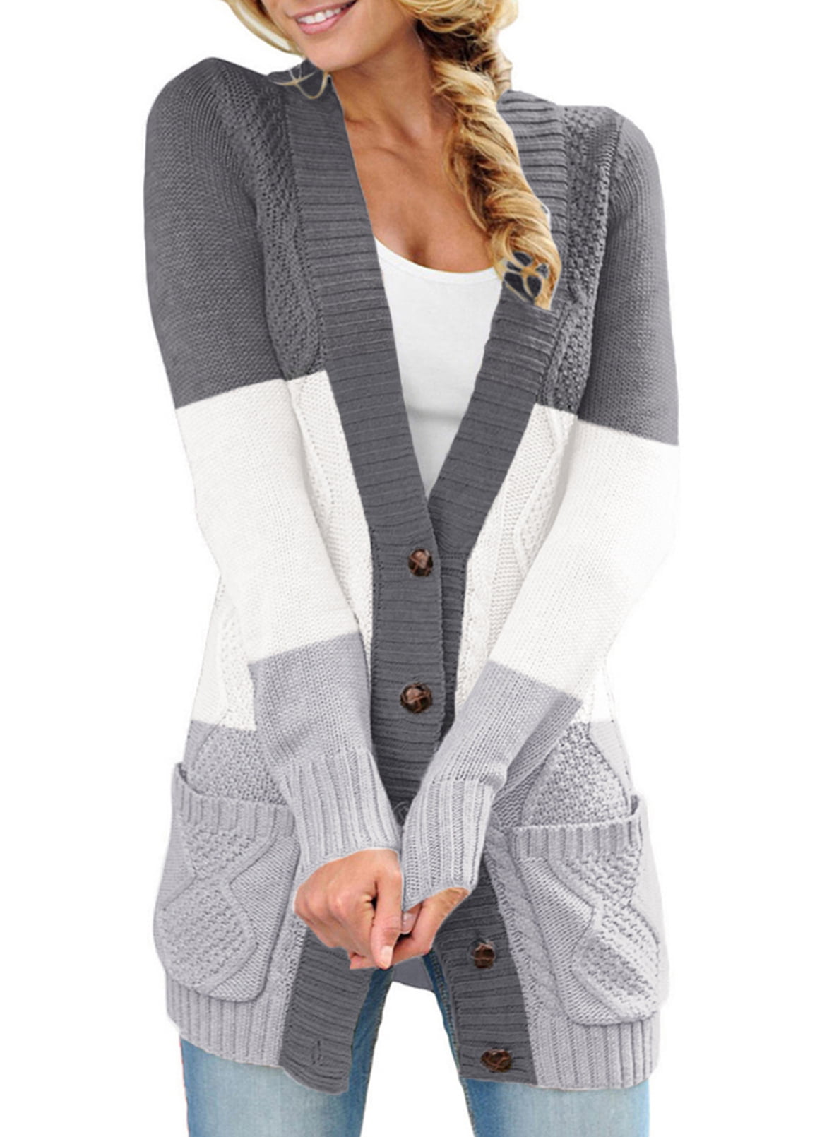 Eytino Womens Cable Knit Cardigan Sweater Open Front Long Sleeve Button ...