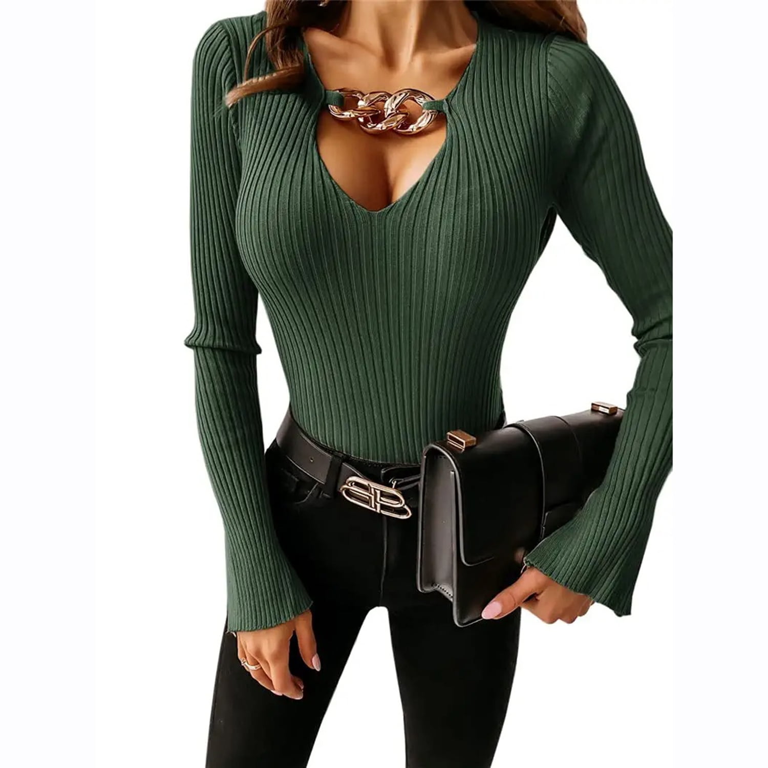Rrhss Womens Long Sleeve Sexy V Neck Ribbed Sweater Basic Slim Fit