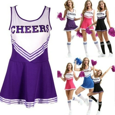 Womens Cheerleader Fancy Dress Cheer Leader School Girl Uniform Party ...