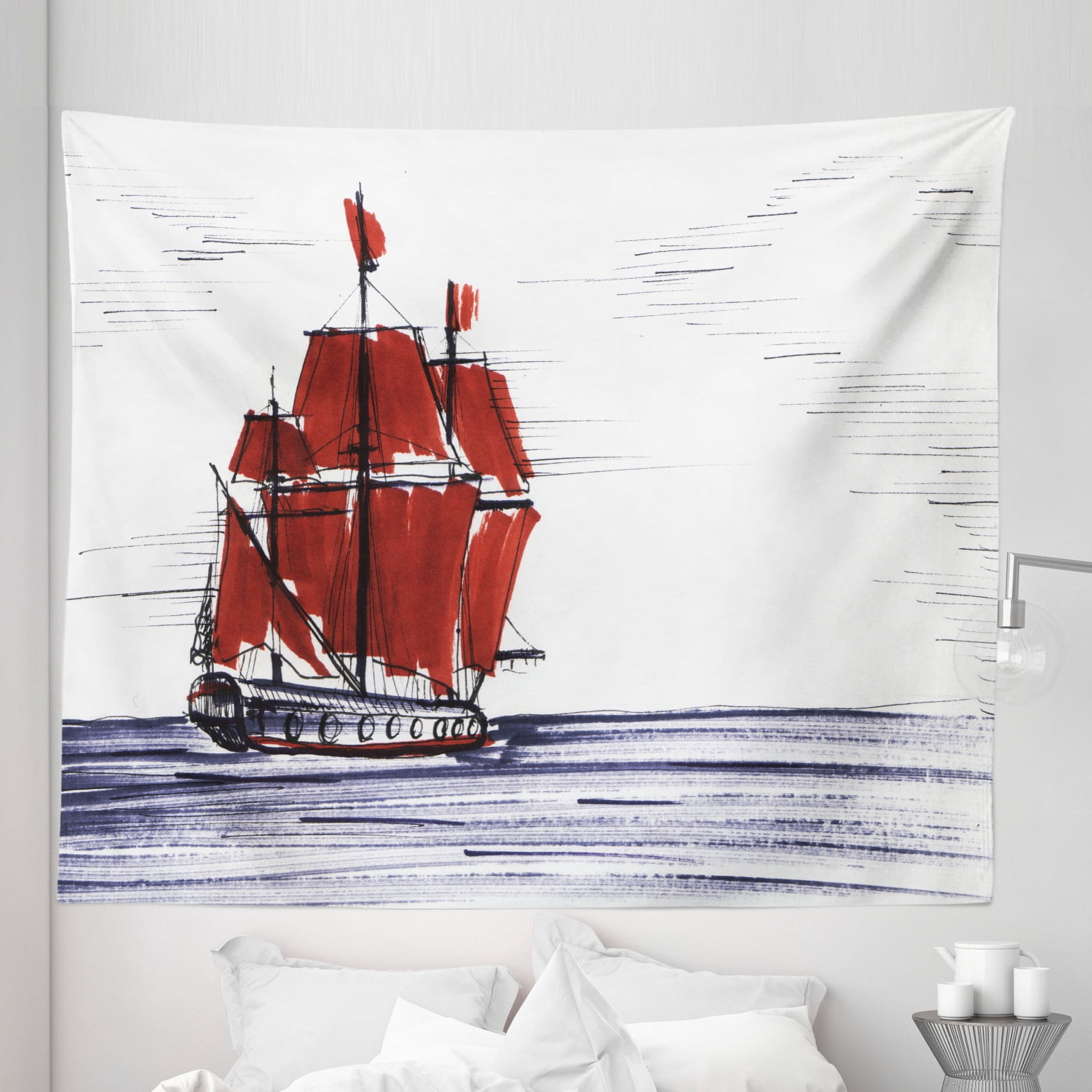 Sketch Tapestry, Sailing Ship Floating on the Sea Drawing Style ...