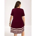 Burgundy Women Plus Size Round Neck Short Sleeve A-Line Dress With ...