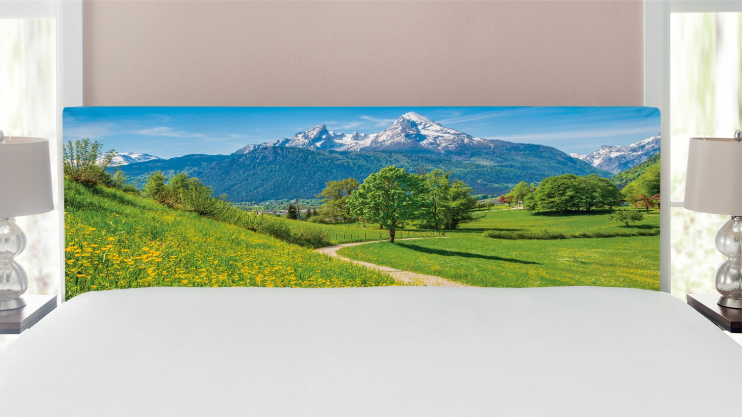 Mountain Headboard, Spring Scenery in Alps with Floral Grass and Snowy ...