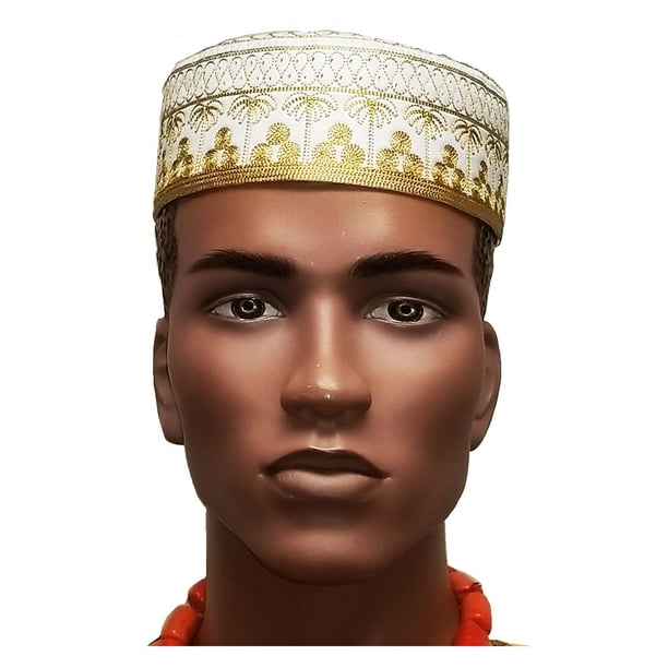 White and Gold Kofia Hat African Embroidered Kufi Cap - Walmart.com