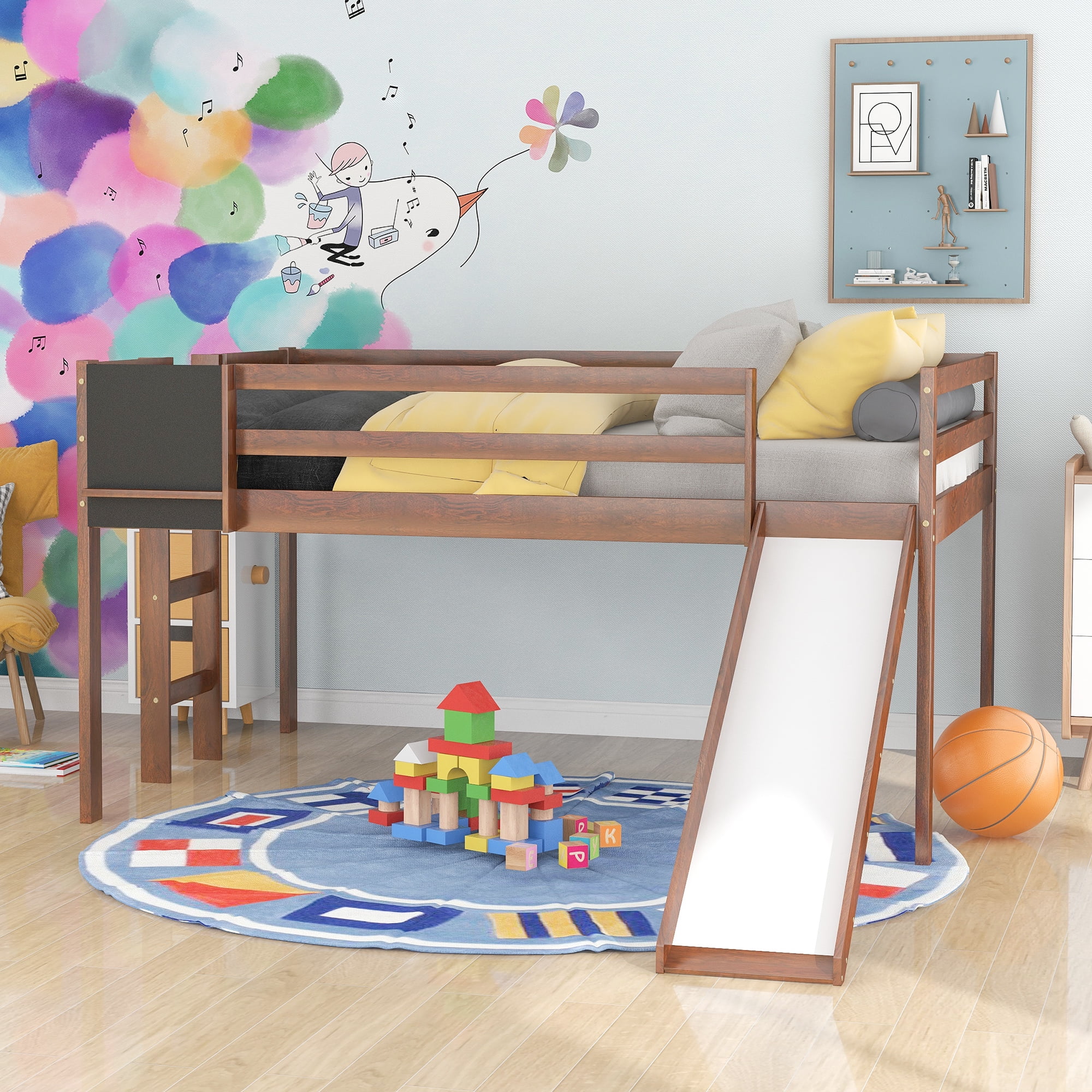 Full Loft Bed with Slide, Stair and Chalkboard, Wood Loft Bed No Box ...