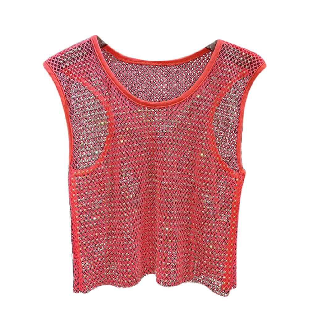 HAORUN Women Rhinestone Fishnet Mesh Tank Tops Glitter Shiny Sleeveless ...