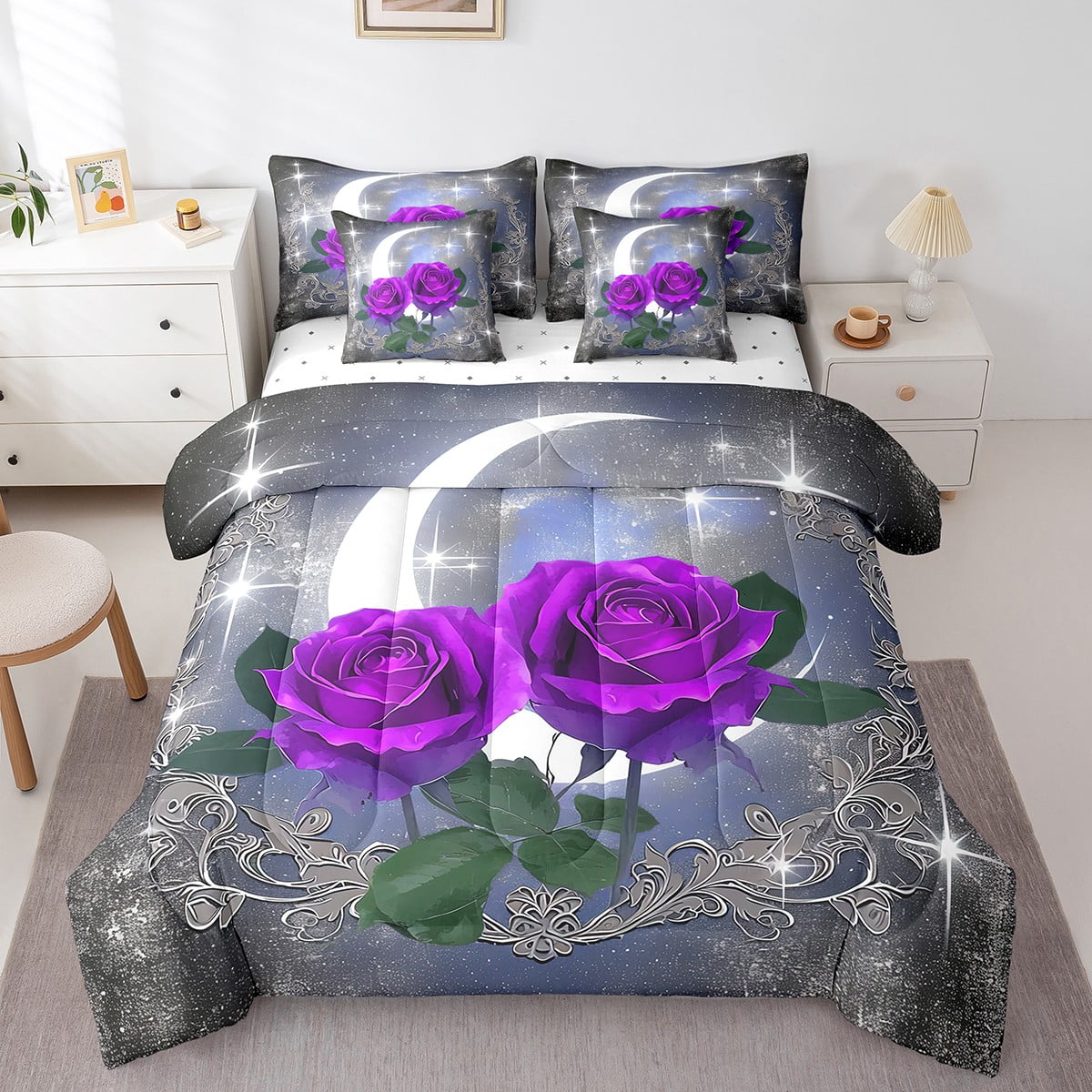 Click here for Yst Purple Rose Twin Comforter Set 7 Piece silver... prices