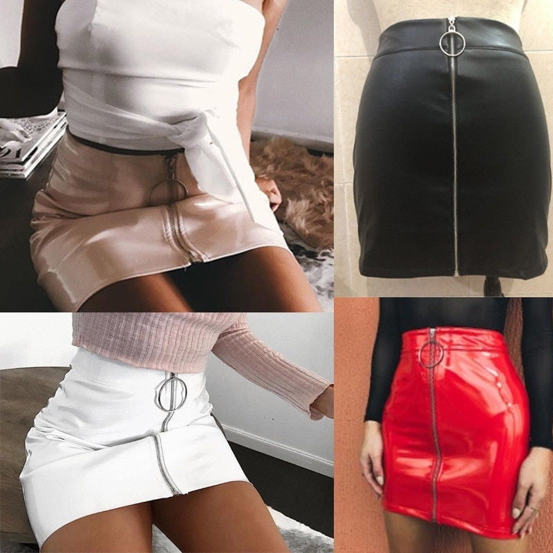 Women High Waist Pu Leather Mini Skirt Plain Flared Pleated Skirt Short