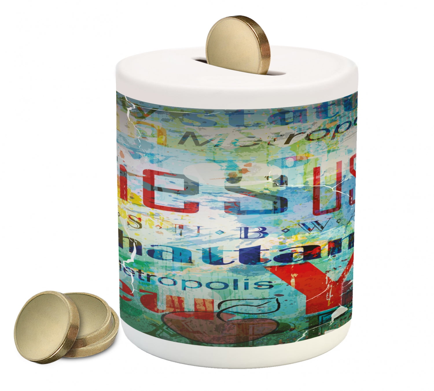 New York Piggy Bank, Grunge Collage of Words American Culture Country ...