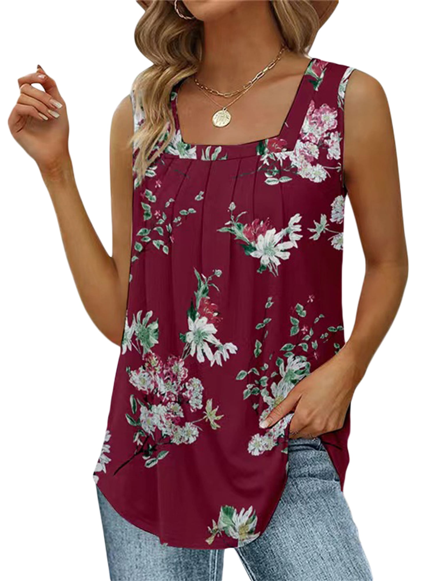 Caitzr Women's Boho Floral Tank Tops Pleated Summer Casual Sleeveless ...
