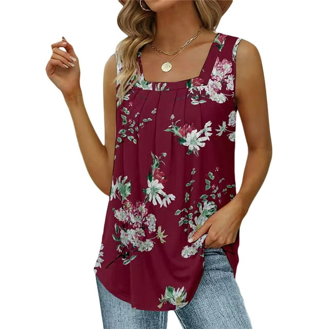 Caitzr Women's Boho Floral Tank Tops Pleated Summer Casual Sleeveless Shirts Tops Tunic Blouses ...