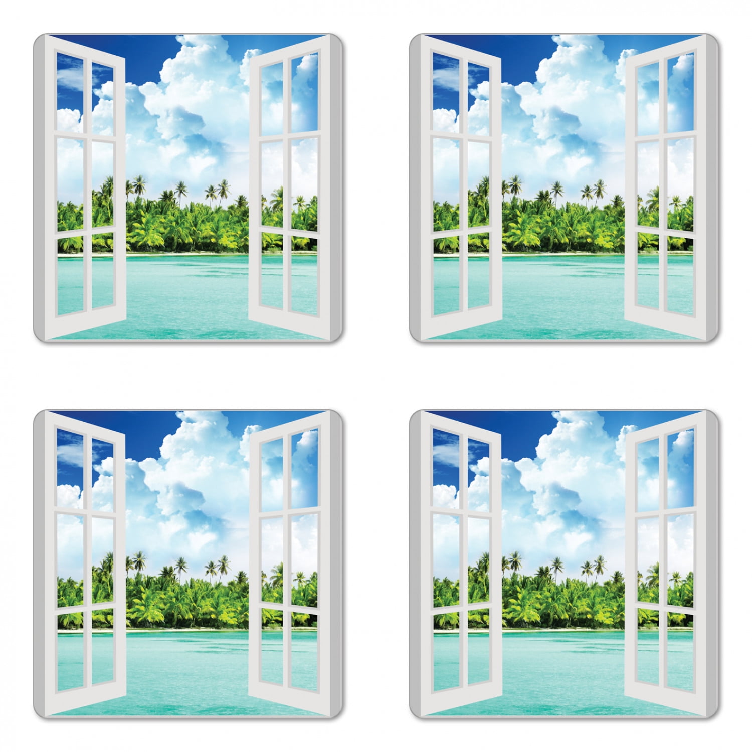 Tropical Coaster Set of 4, Cloudy Sky and Exotic Forest near Calm Ocean ...