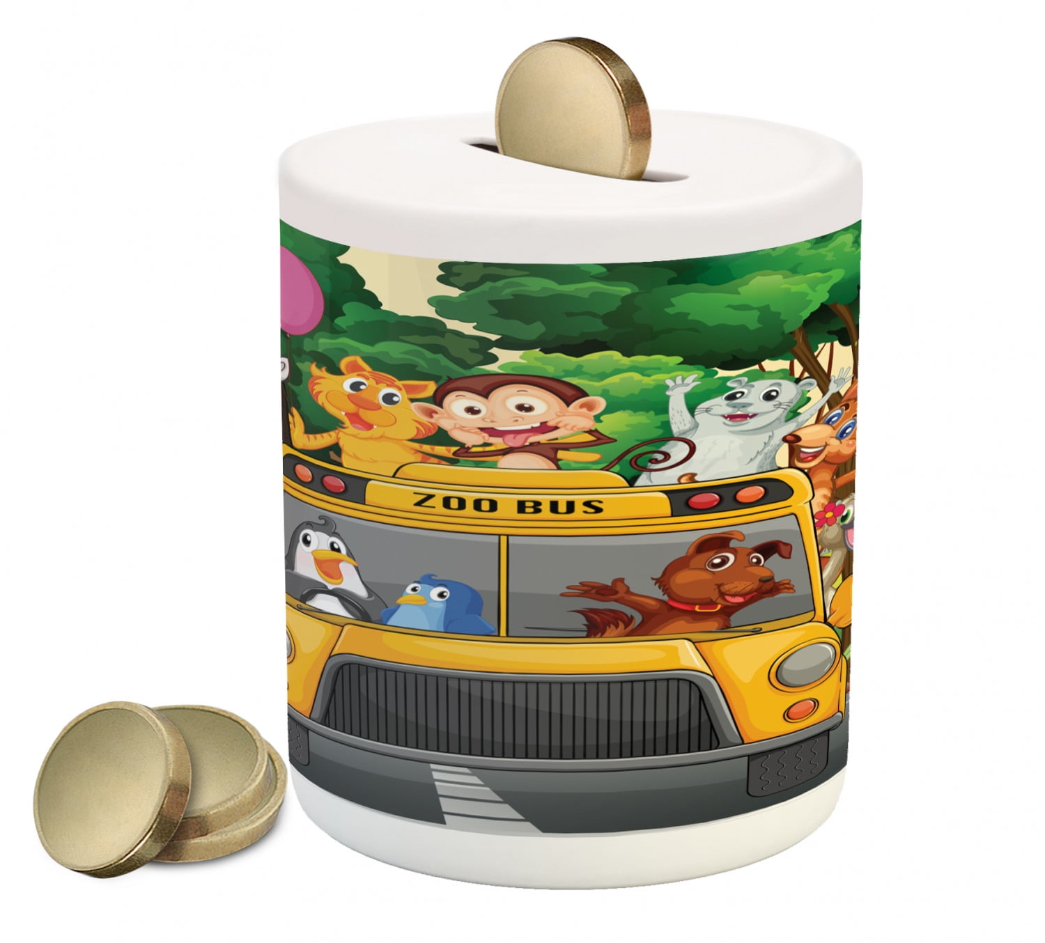 Zoo Piggy Bank, Animals Balloons Riding on a Bus Travel Road Journey in ...