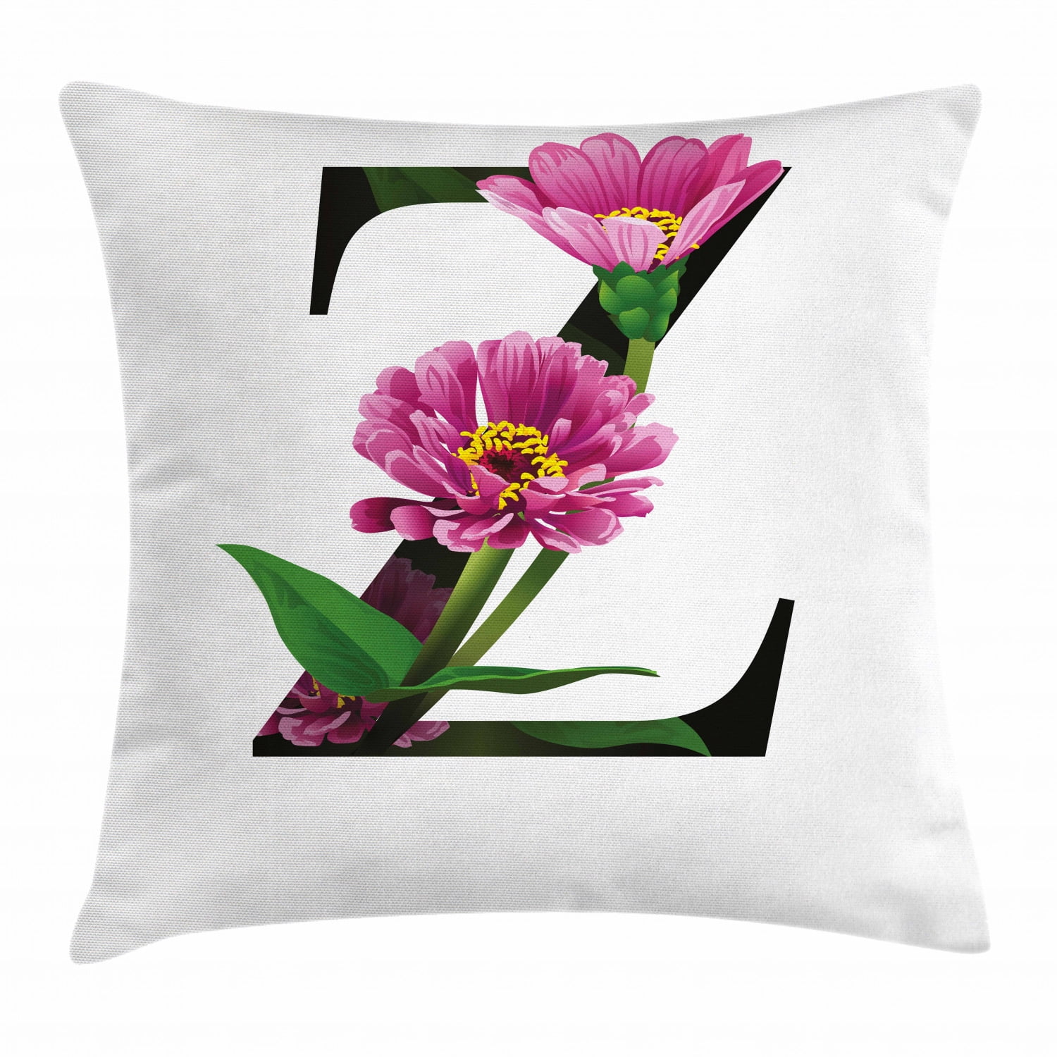Letter Z Throw Pillow Cushion Cover, Purple Zinnia Petals Stems Leaves ...