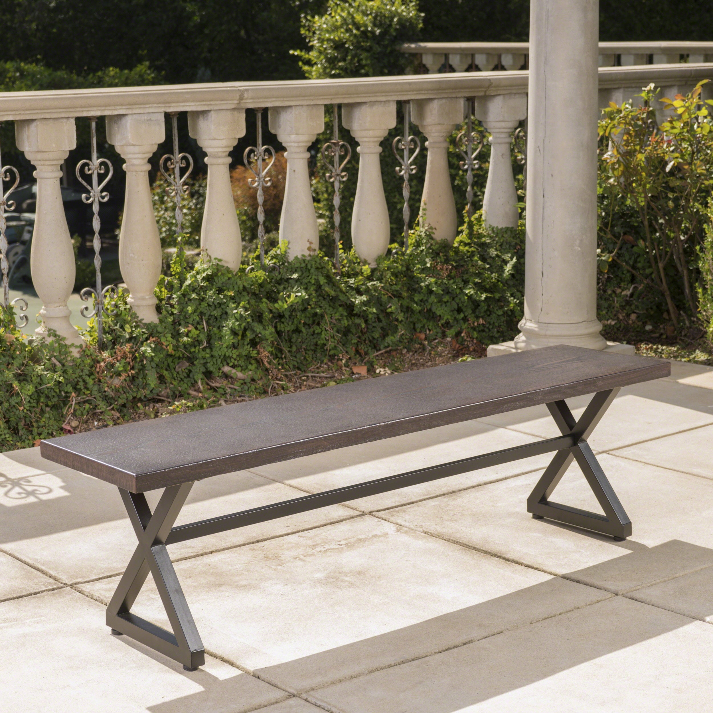 Ruby Outdoor Aluminum Dining Bench with Black Steel Frame, Brown ...