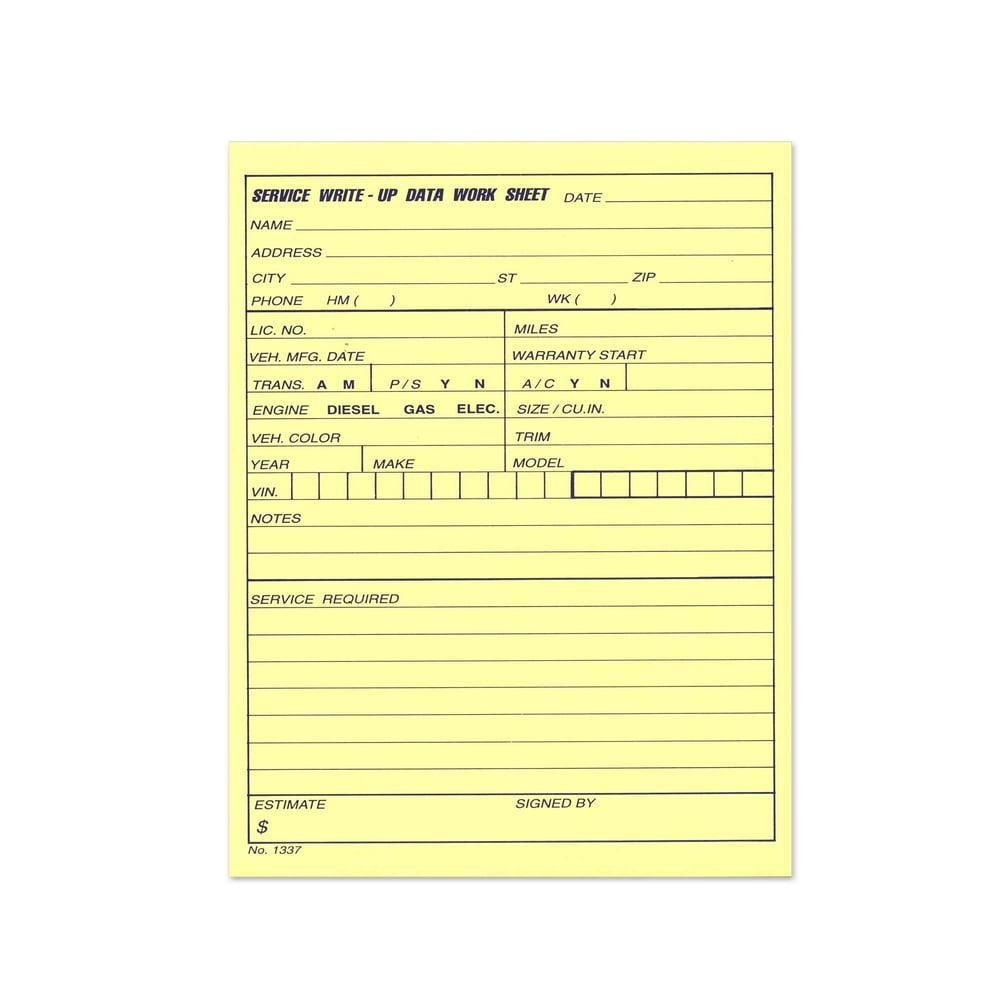 Auto Service Write-Up Data Sheet - 5 Pads of 100 - Walmart.com ...