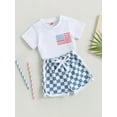 Baby Summer Outfits 4th of July Flag Print Short Sleeve T-Shirt and Elastic Checkerboard Shorts ...